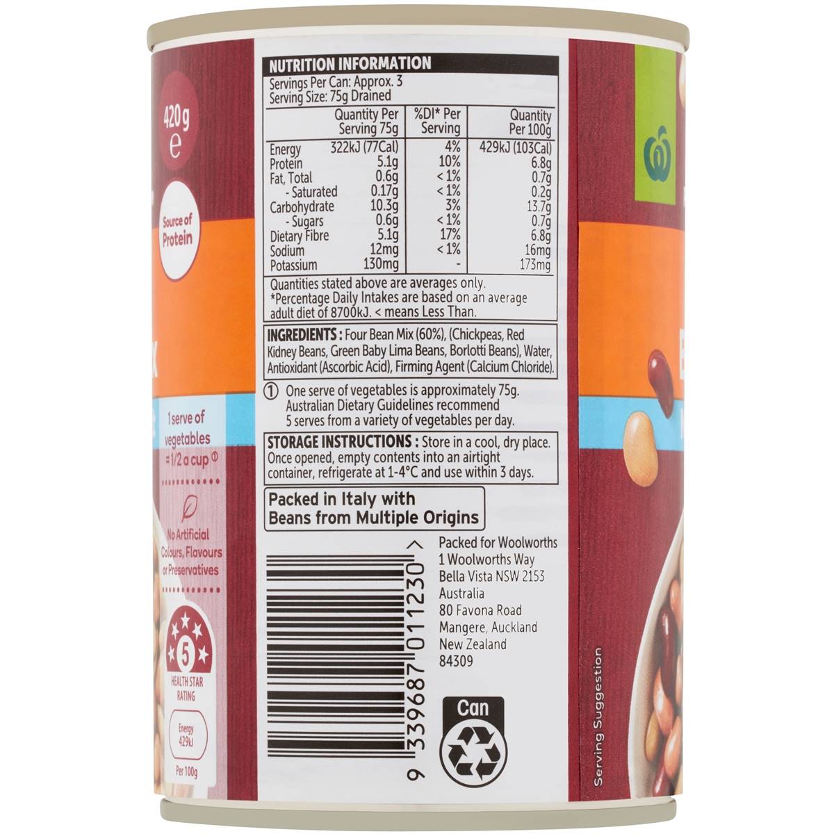 Woolworths Four Bean Mix No Added Salt Can 420g | Woolworths