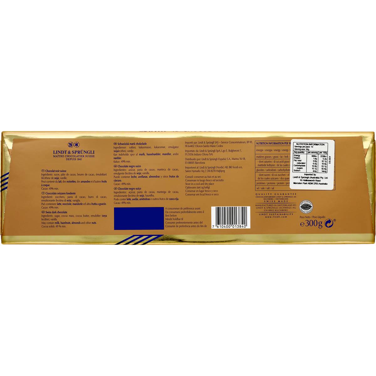 Lindt Gold Swiss Dark Chocolate Block 300g | Woolworths