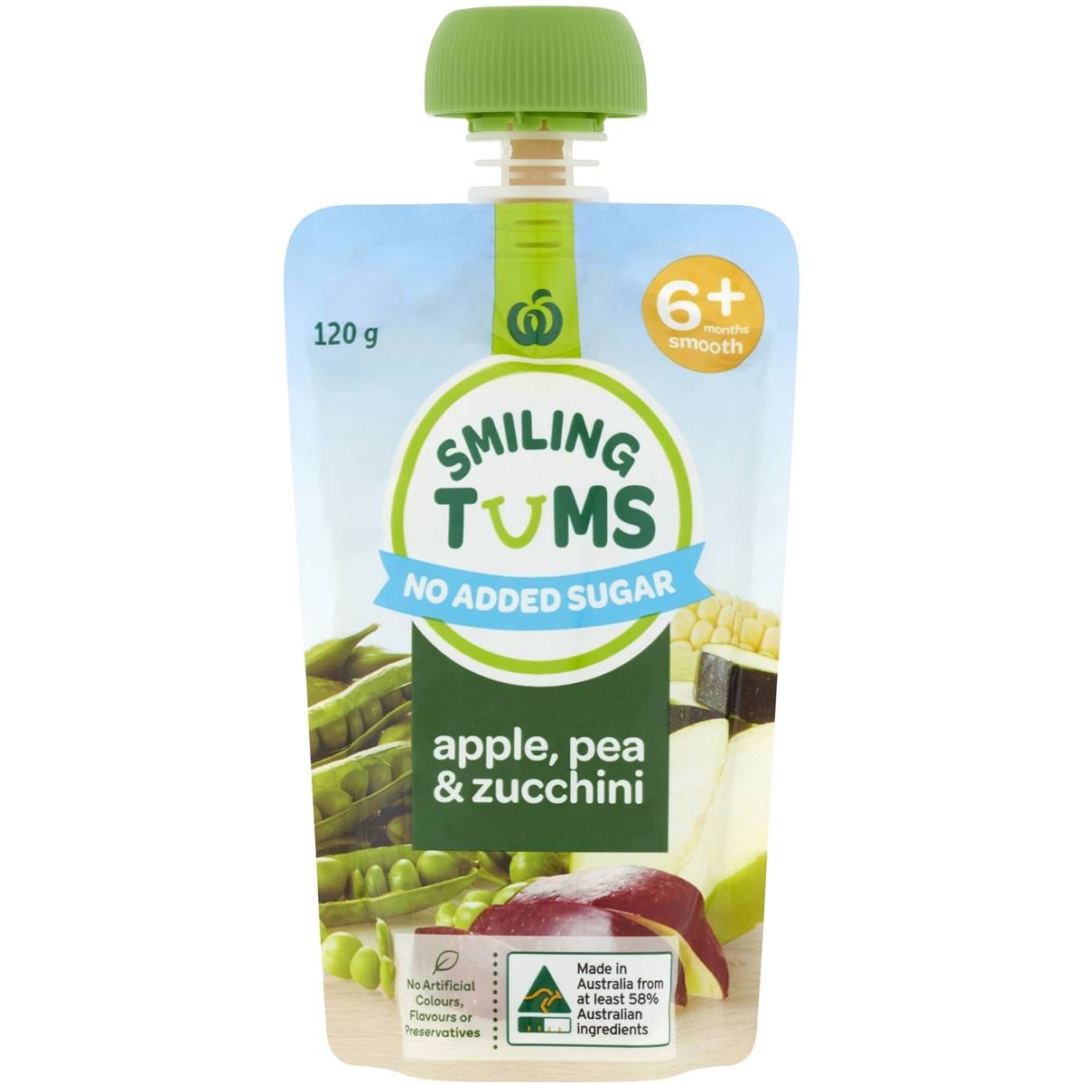 Woolworths Smiling Tums 6 Months+ Apple Pea & Zucchini 120g | Woolworths