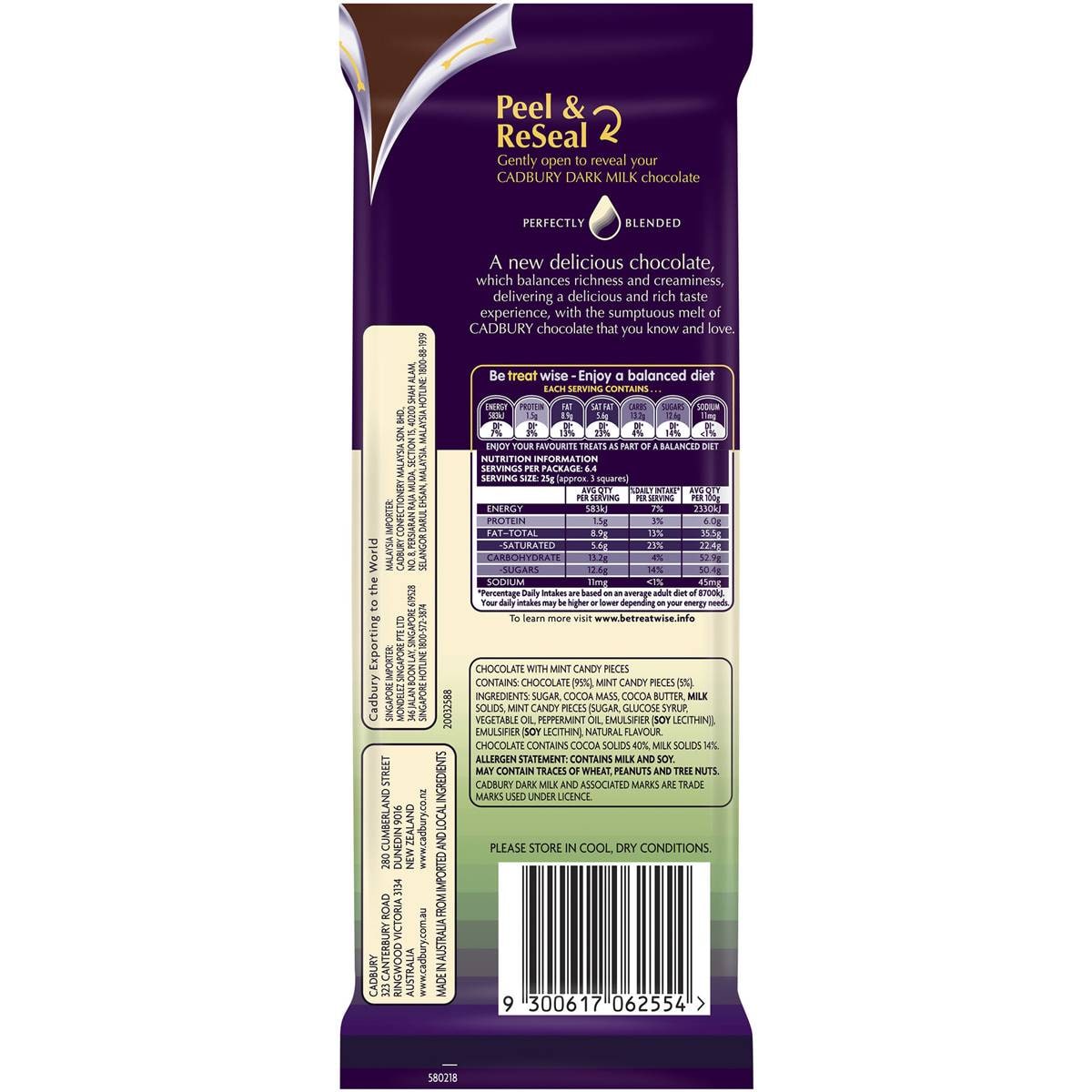 Cadbury Dark Milk Crispy Mint Chocolate Block 160g | Woolworths