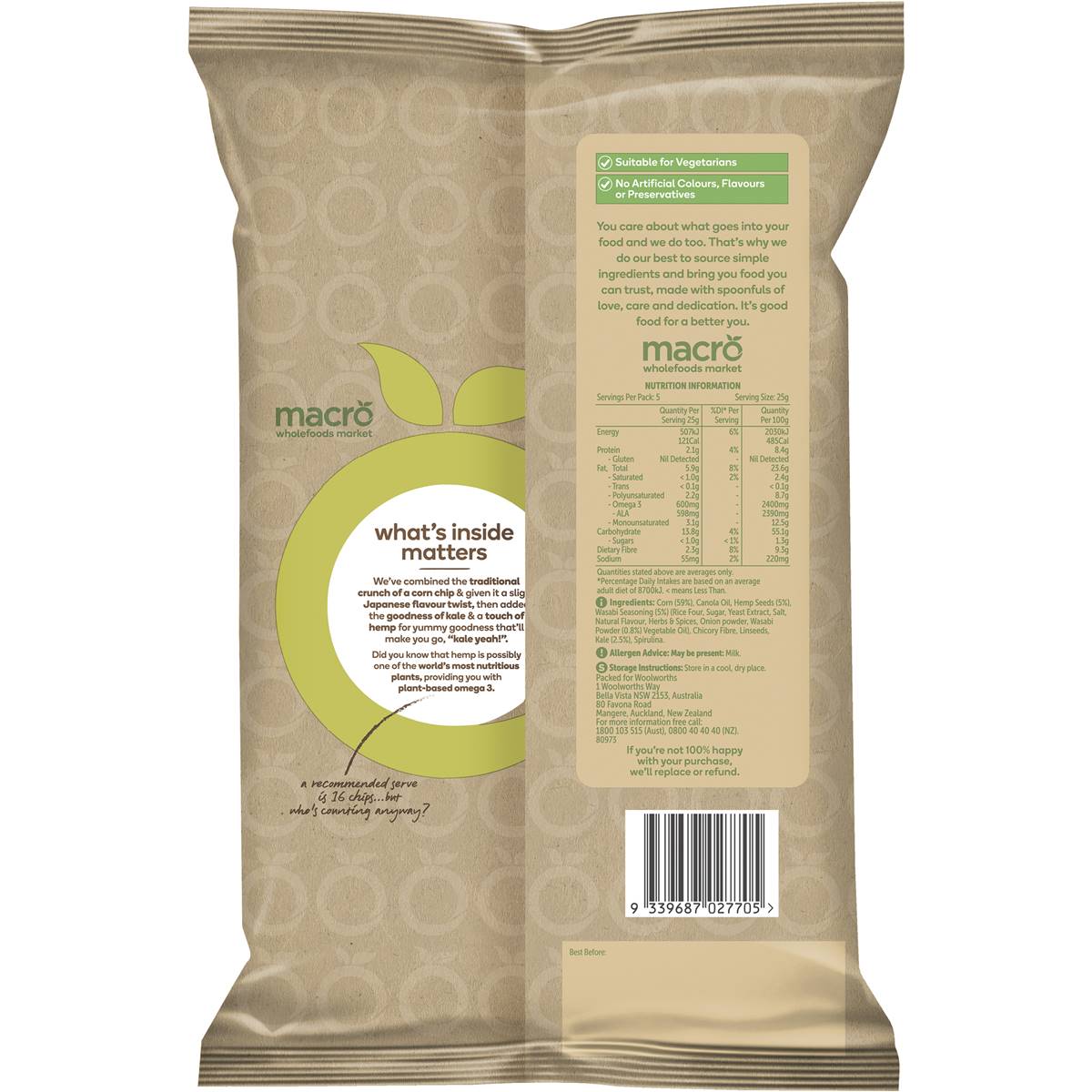 Macro Hemp Corn Chips Kale & Wasabi 125g | Woolworths