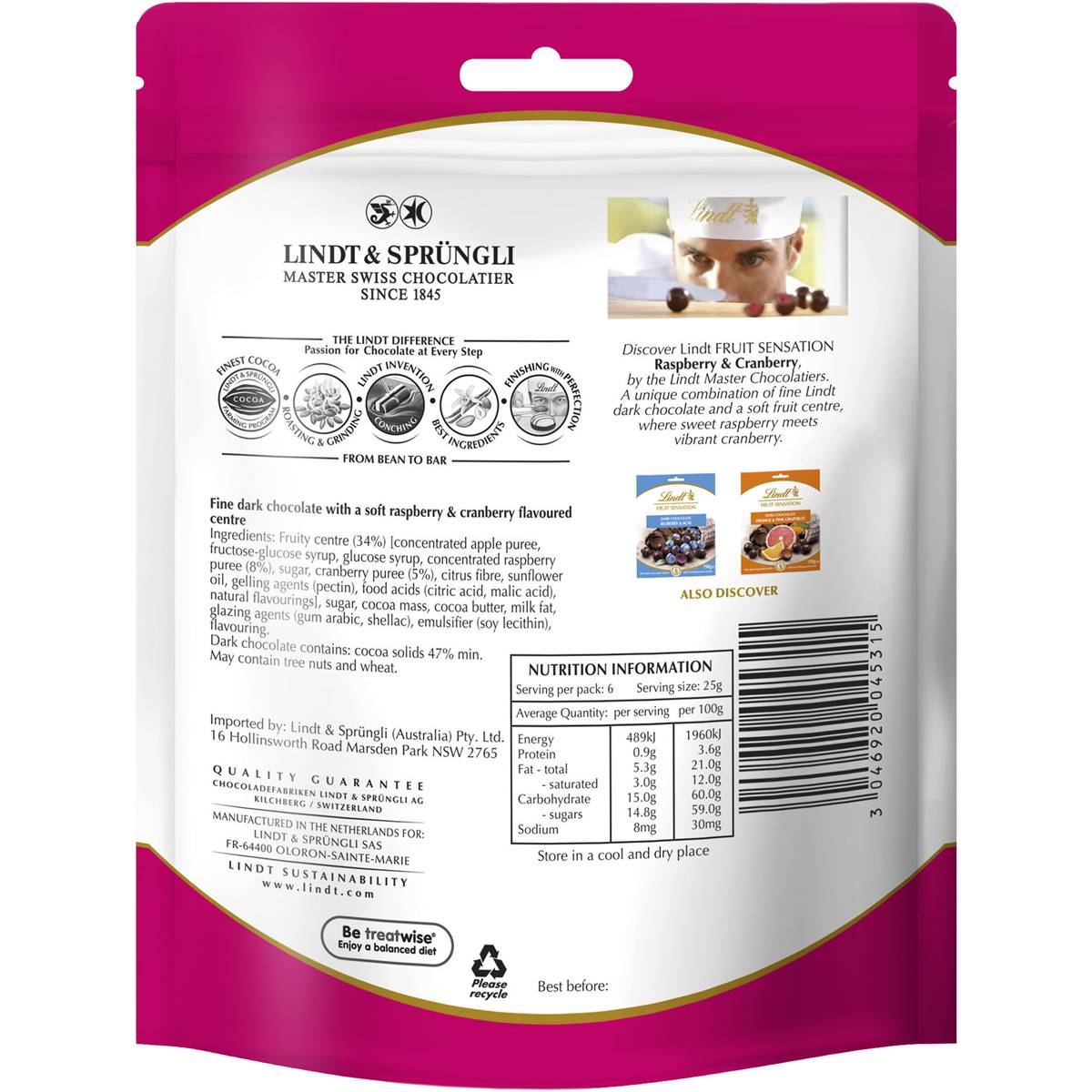 Lindt Fruit Sensation Dark Chocolate Raspberry & Cranberry Bag 150g ...