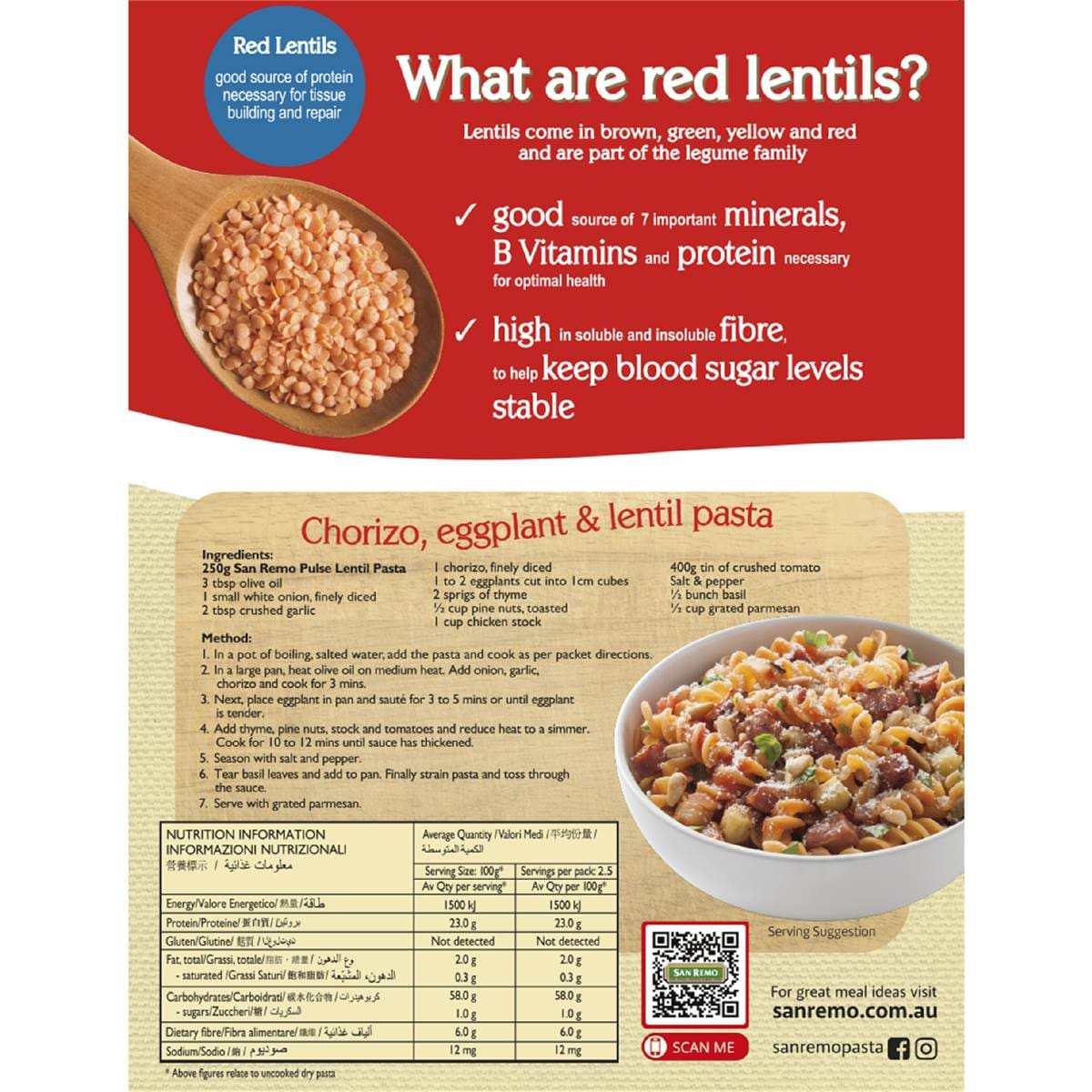 San Remo Pulse Pasta Red Lentils 250g | Woolworths