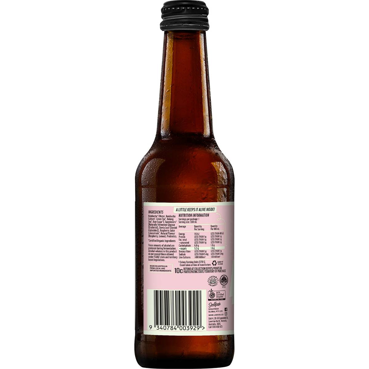 Lo Bros Kombucha Raspberry & Lemon 330ml | Woolworths