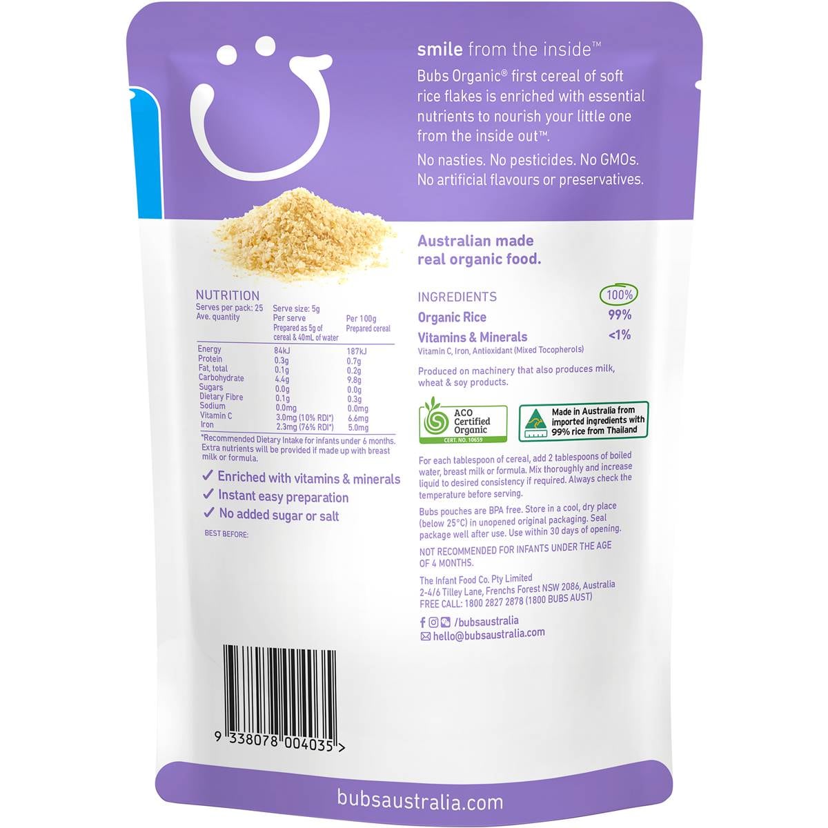 Bubs Organic Baby Rice Cereal 4months 125g | Woolworths