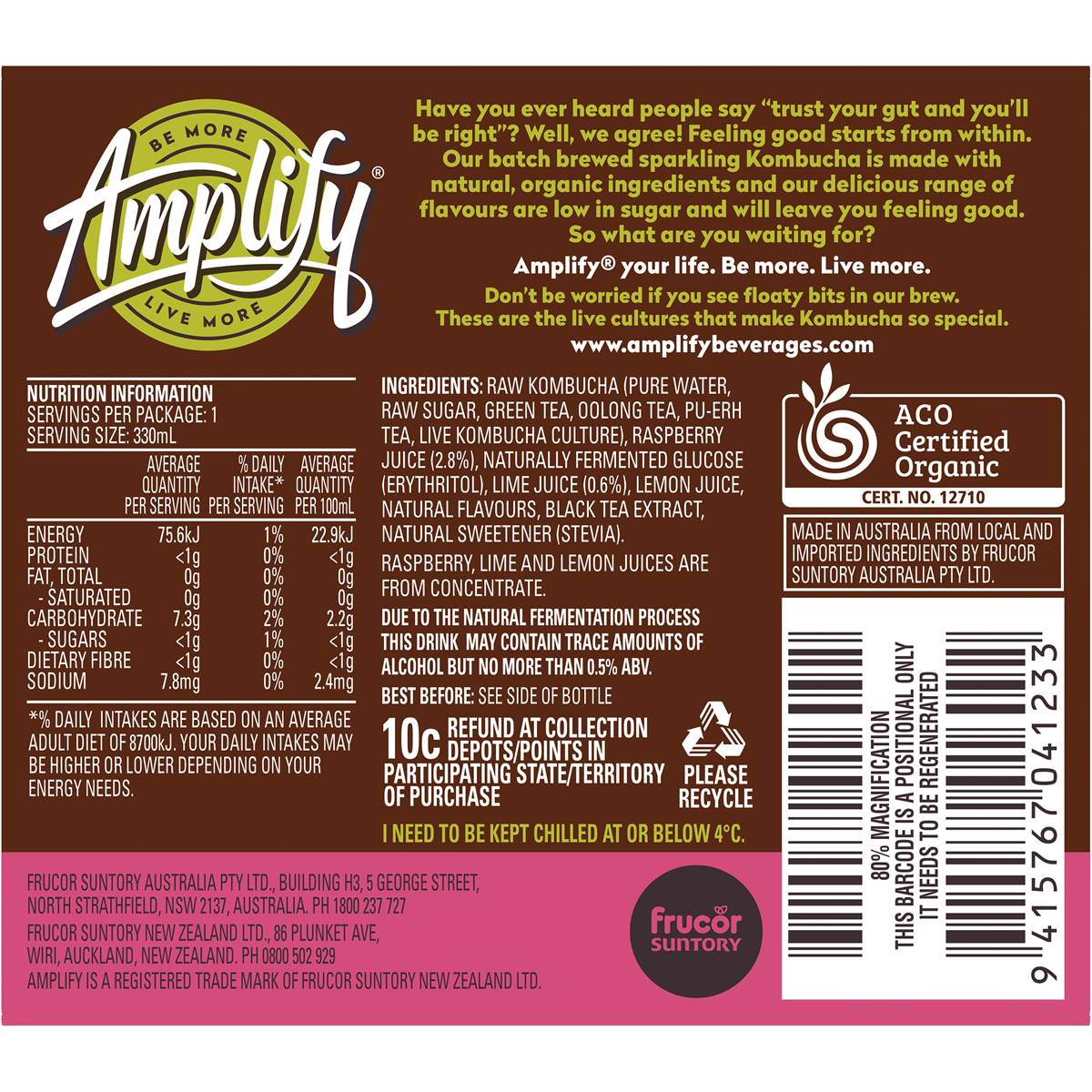 Amplify Organic Kombucha Raspberry & Lime 330ml | Woolworths