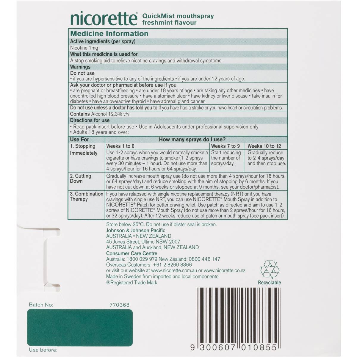Nicorette Quit Smoking Quickmist Nicotine Mouth Spray Freshmint 2 X 150 ...