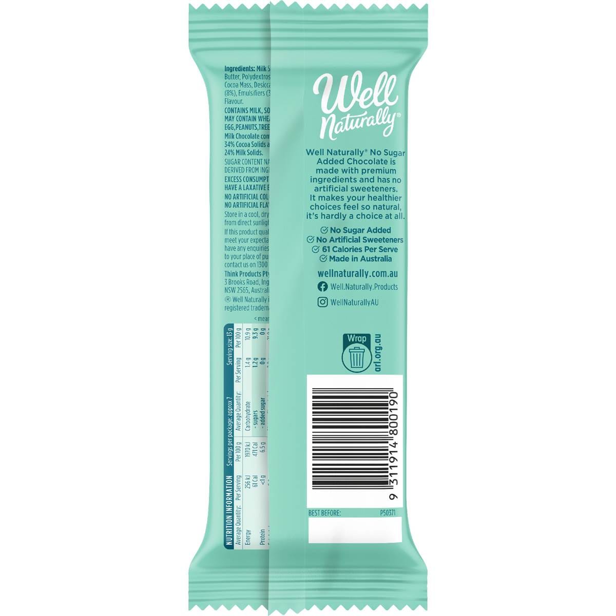 Well Naturally No Sugar Added Milk Choc Coconut 90g | Woolworths