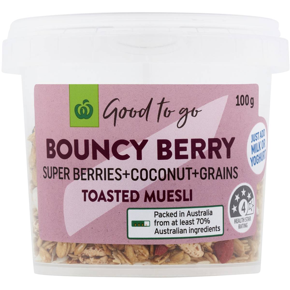 Woolworths Good To Go Bouncy Berry Muesli Pot 100g | Woolworths