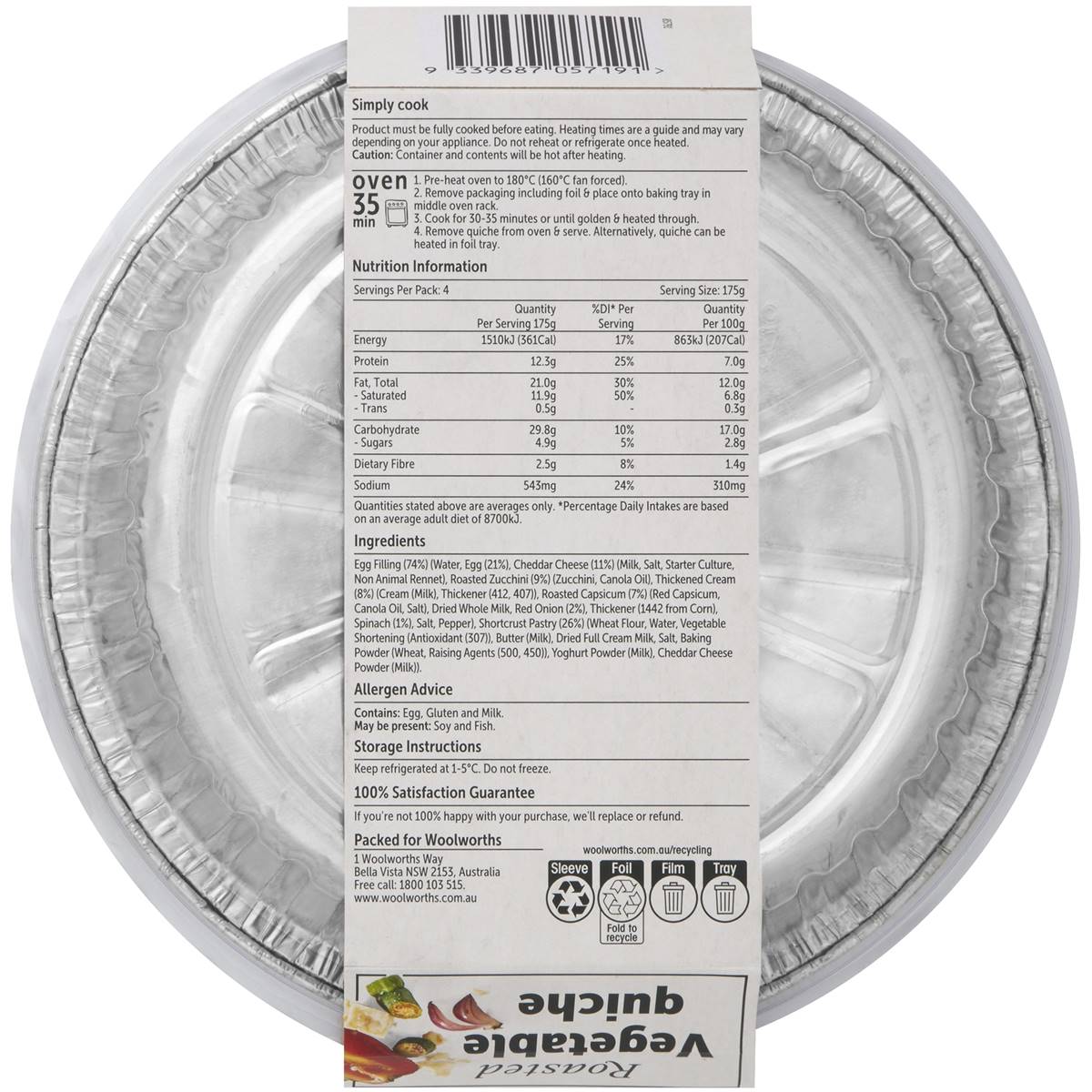 Woolworths Roasted Vegetable Quiche Chilled Meal 700g | Woolworths