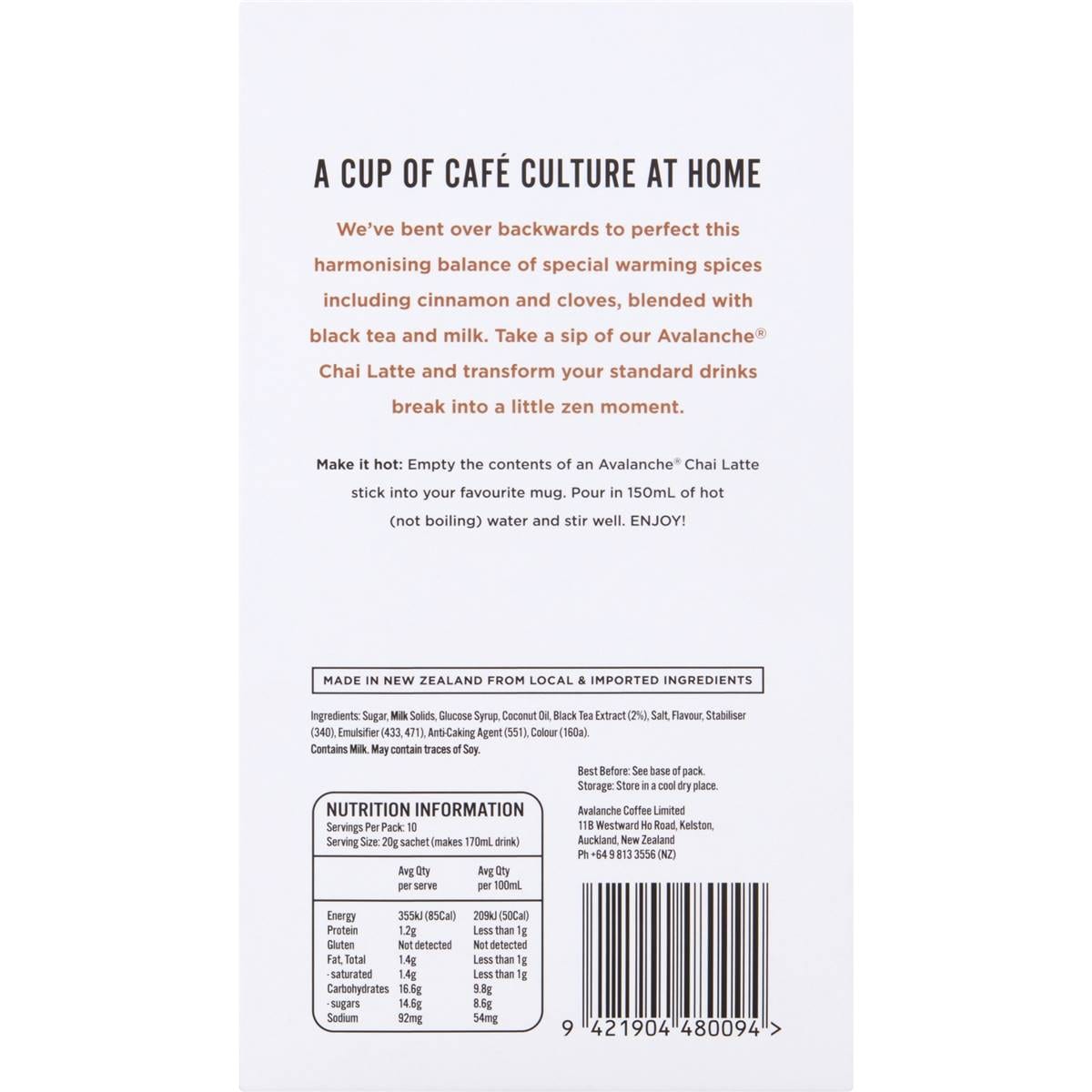 Avalanche Chai Latte Cafe Style Sachets 10 Pack | Woolworths