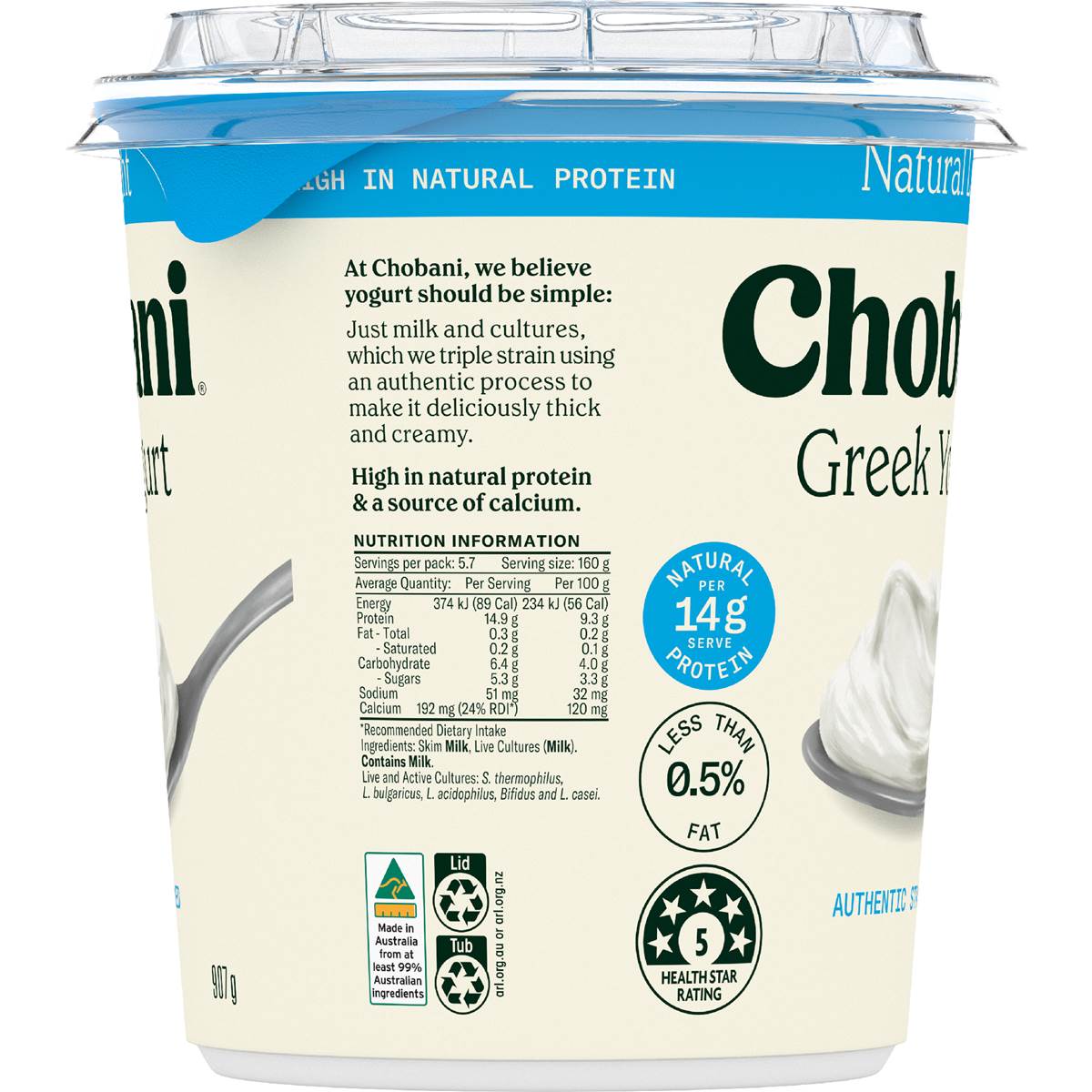 Chobani Greek Yogurt Natural Light Plain 907g | Woolworths