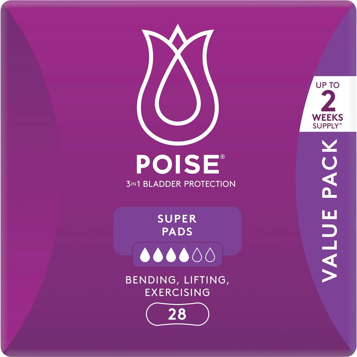 Poise Super Pads Value Absorbency 28 Pack | Woolworths