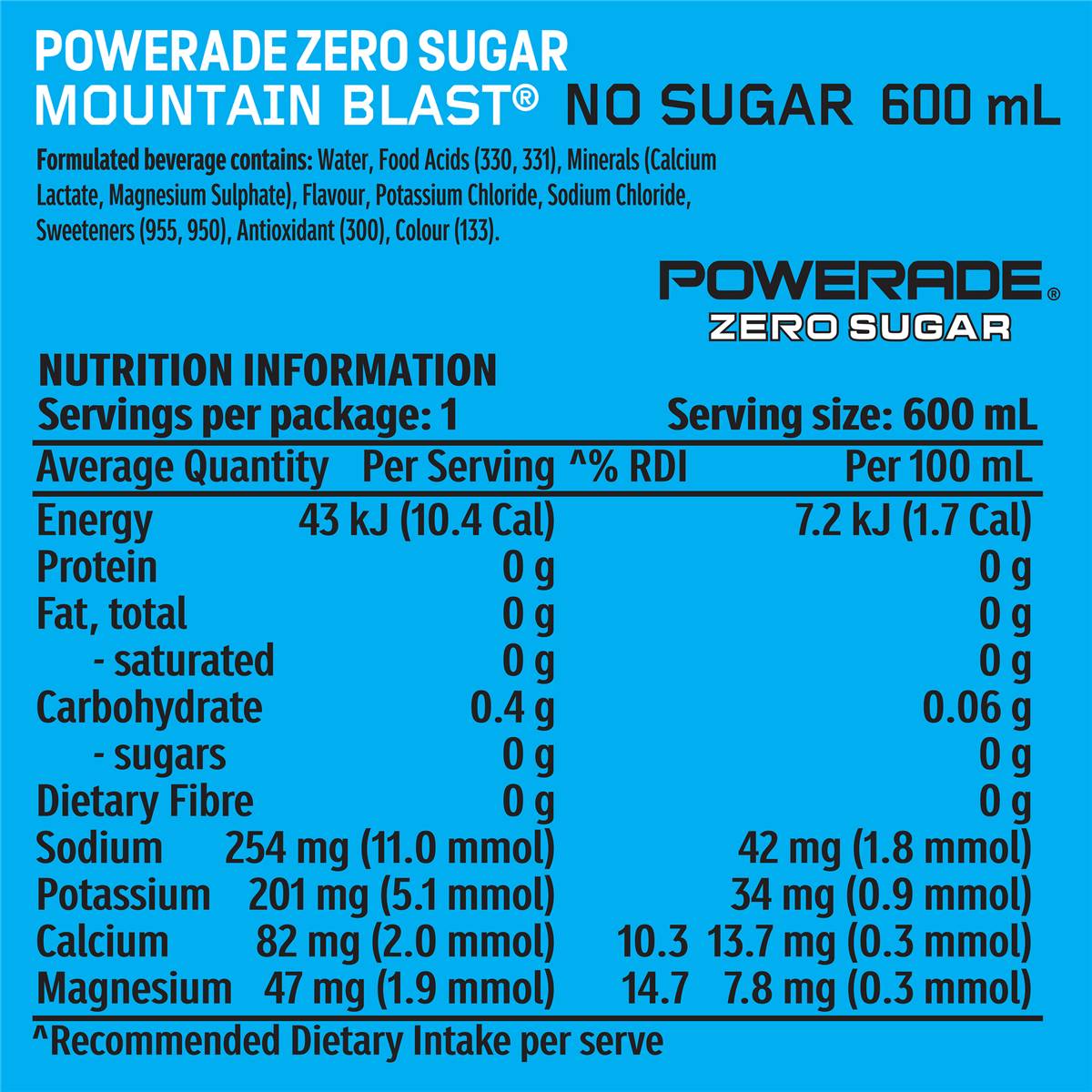 Powerade Mountain Blast Zero Sports Drink Sipper Cap 600ml | Woolworths