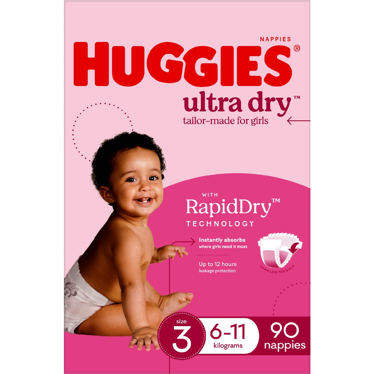 Huggies Ultra Dry Nappies Girls Size 3 (6-11kg) 90 Pack | Woolworths