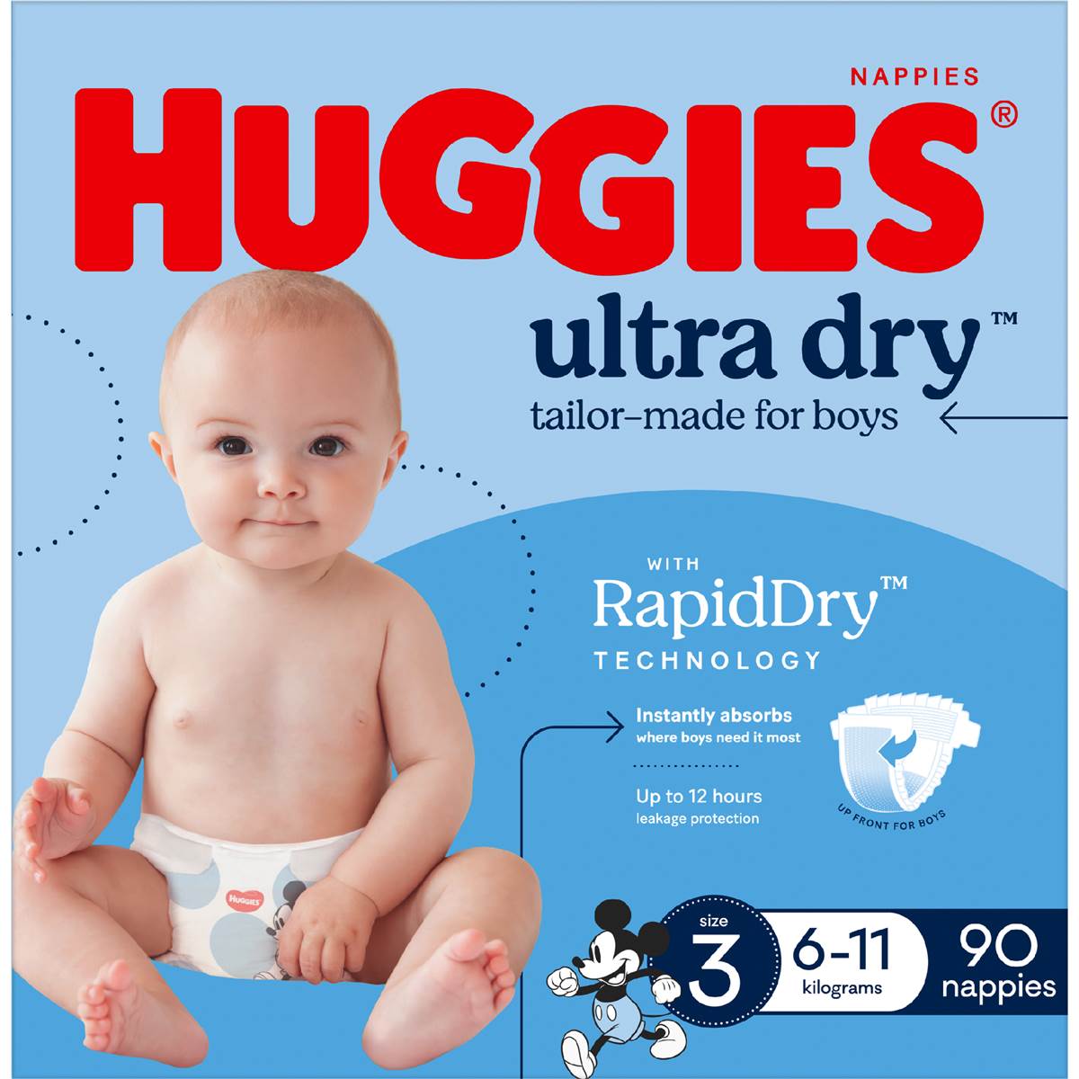 Huggies Ultra Dry Nappies Boys Size 3 (6-11kg) 90 Pack | Woolworths