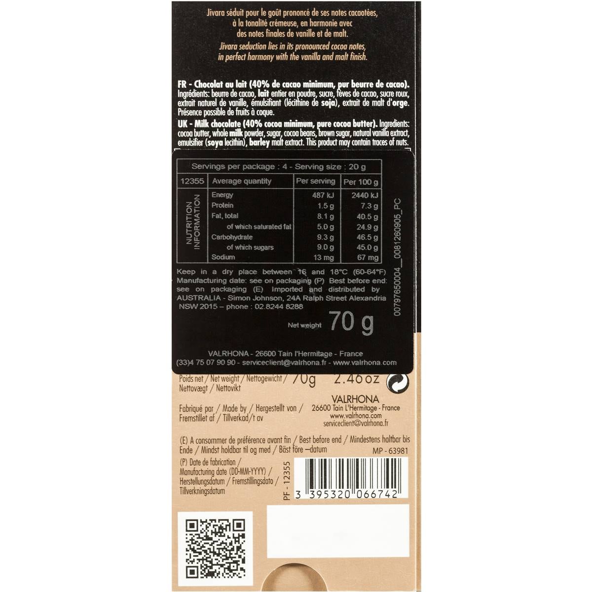 Valrhona Jivara 40% Milk Chocolate? 70g | Woolworths