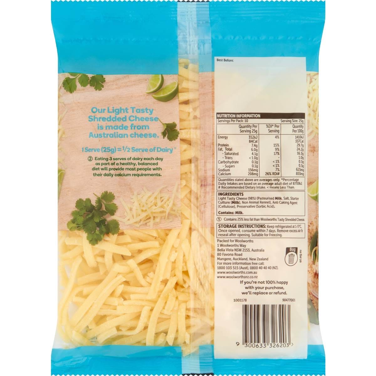 Woolworths Light Tasty Cheese Shredded 250g | Woolworths