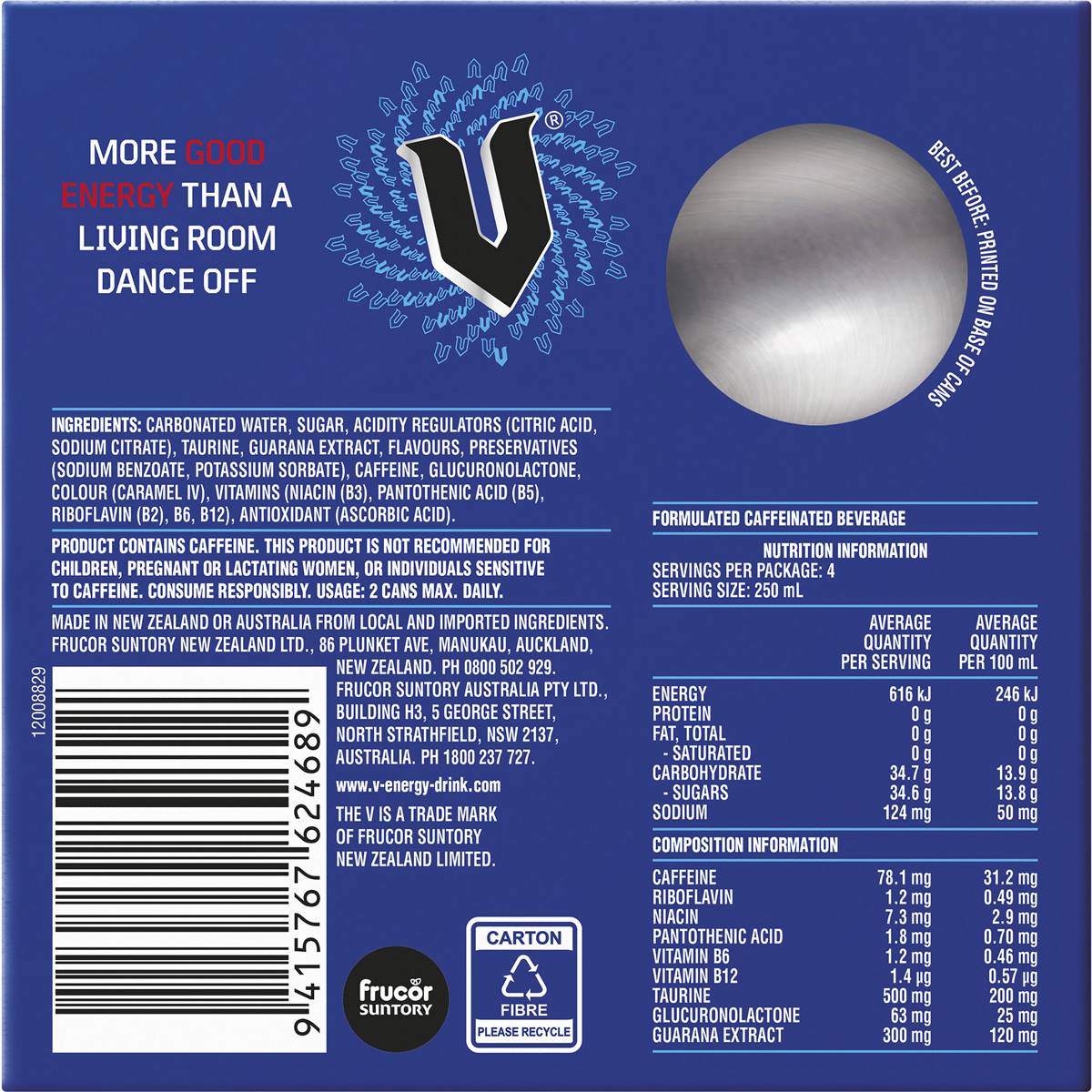 V Energy Blue 250mlx 4 | Woolworths