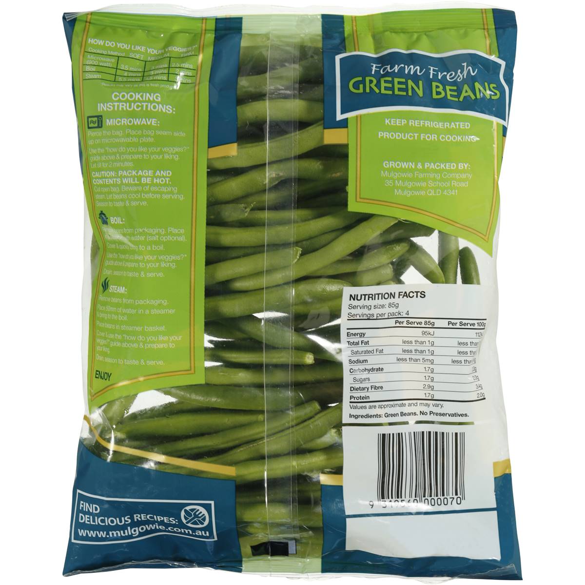 Mulgowie Green Beans Cleaned & Cut 340g | Woolworths
