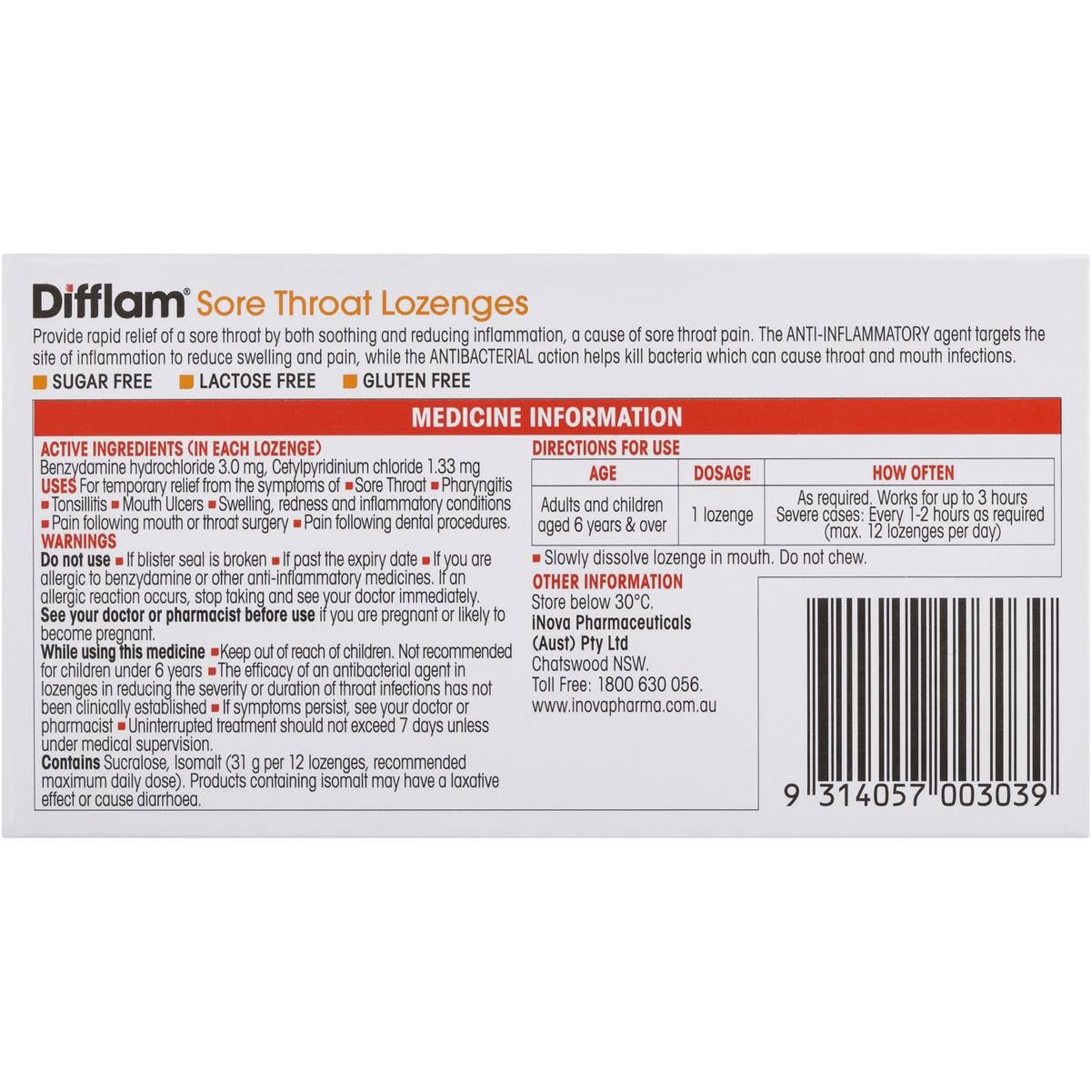 Difflam Sore Throat Lozenges Orange 16 Pack | Woolworths