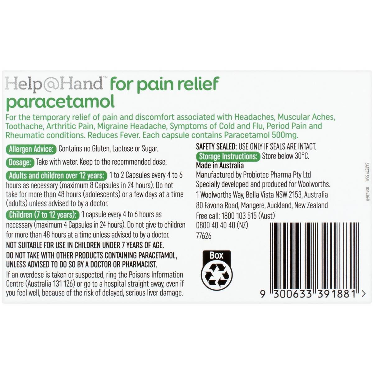 Help@hand Paracetamol Caps 500mg Caps 500mg 20 Pack | Woolworths