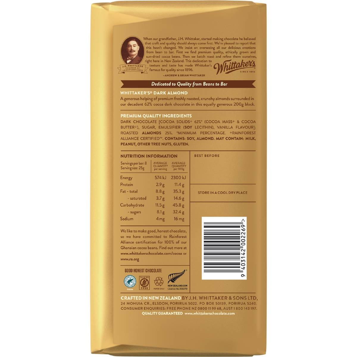 Whittakers Dark Chocolate 62% Cocoa Almond 200g block | Woolworths