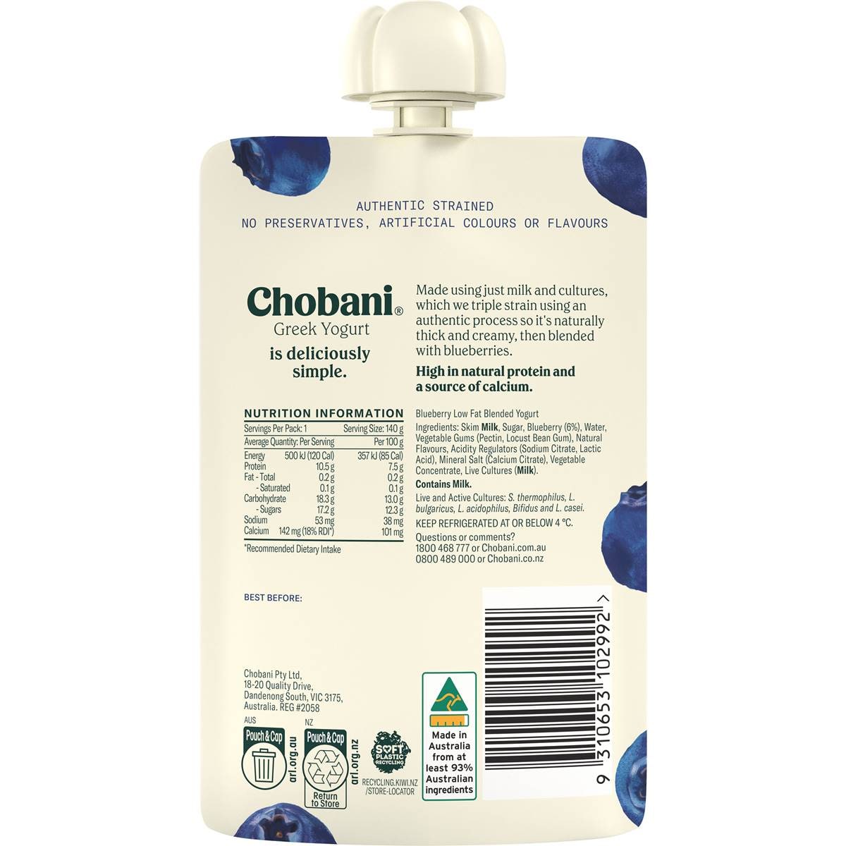 Chobani Blueberry Greek Yogurt Pouch 140g | Woolworths