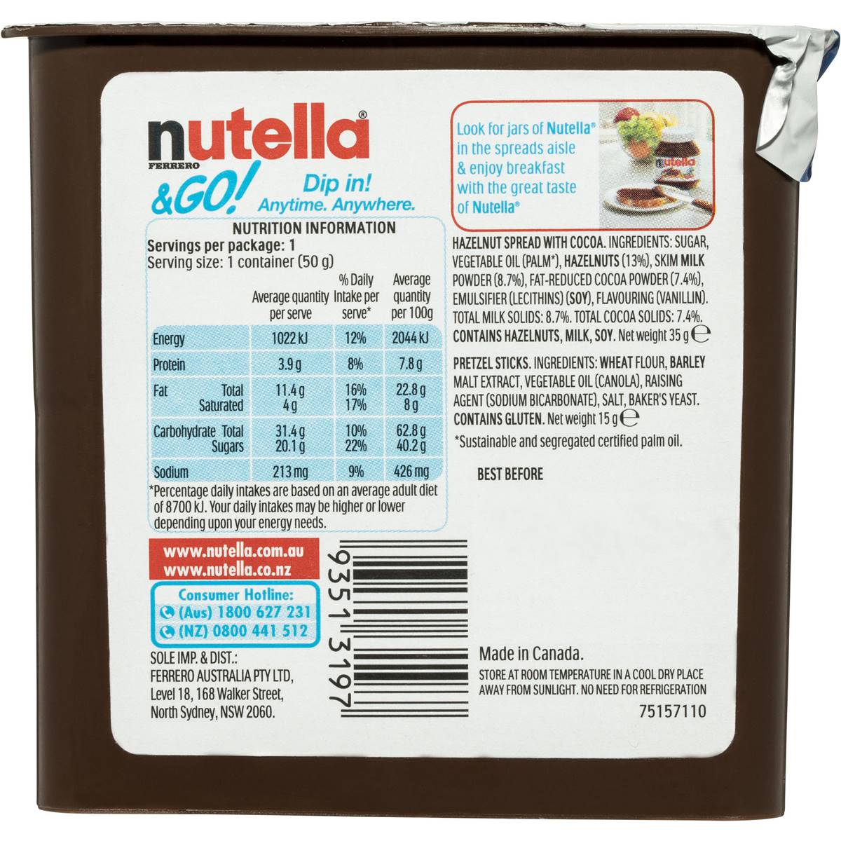 Nutella Hazelnut Chocolate Spread With Pretzels 50g | Woolworths