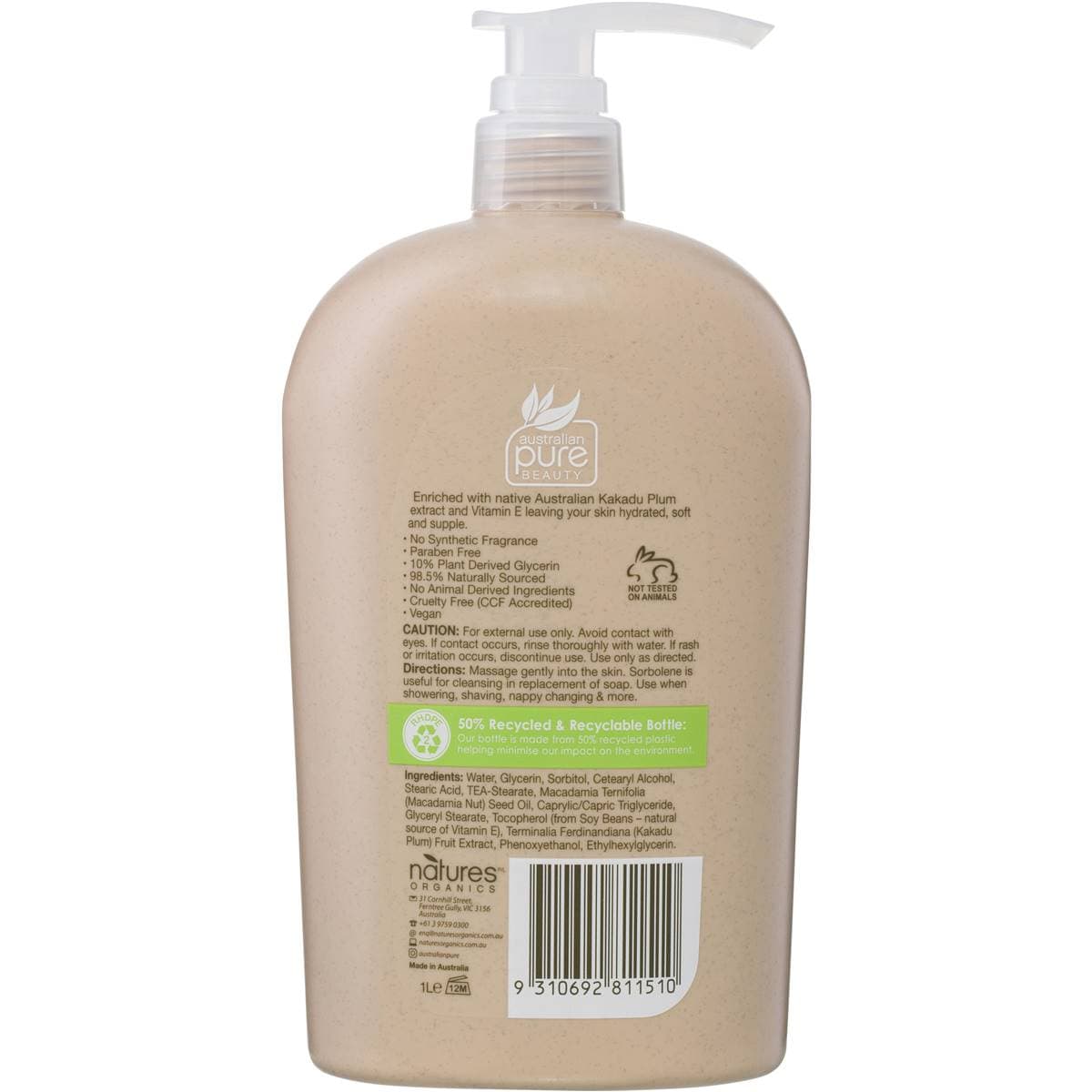 Australian Pure Beauty Moisturiser Sensitive Sorbolene 1l | Woolworths