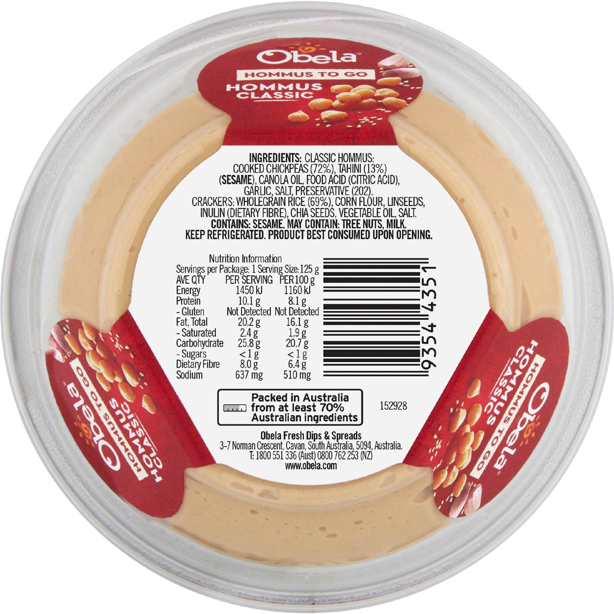 Obela Hommus To Go Classic & Sakata Crackers 125g | Woolworths