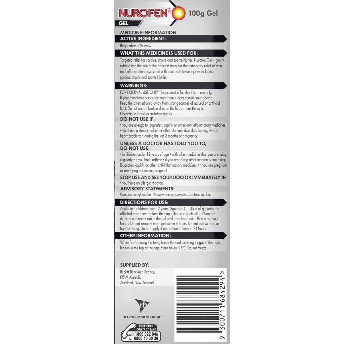 Nurofen Pain And Inflammation Relief Gel 5% Ibuprofen 100g | Woolworths