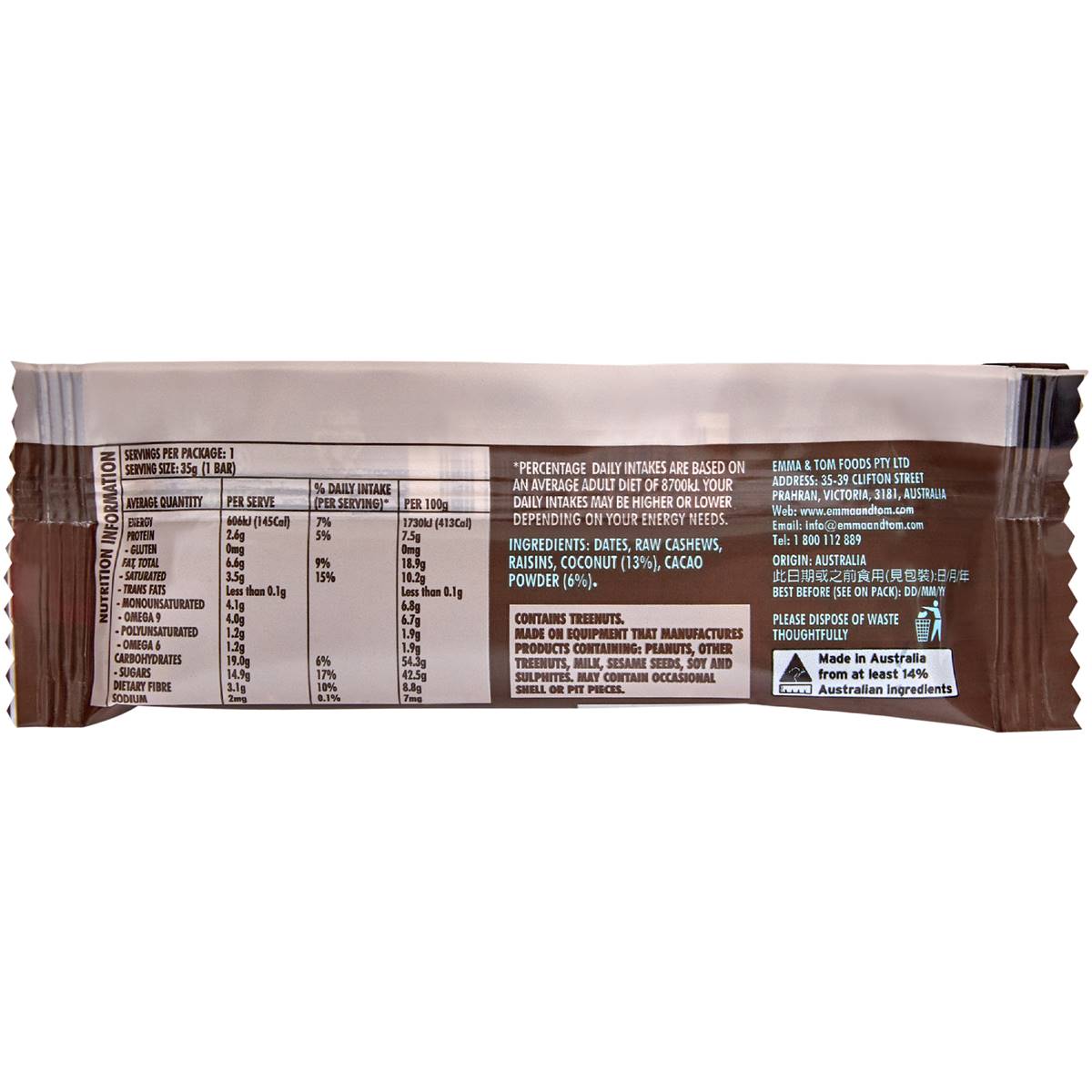 Emma & Tom's Life Bars Cacao & Coconut 35g | Woolworths