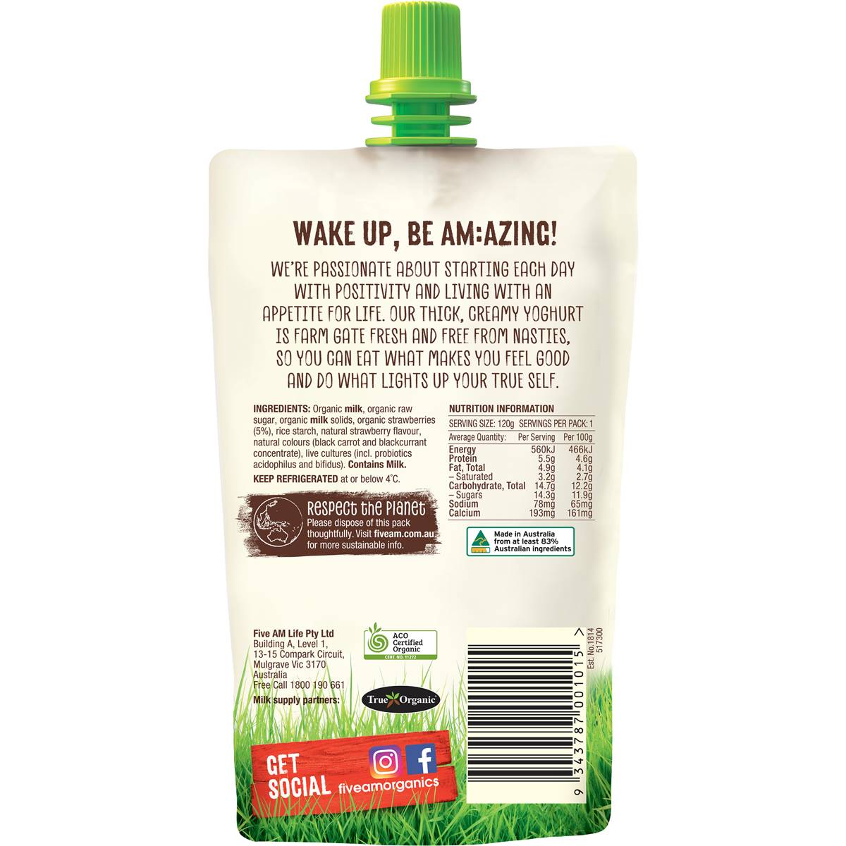 Five:am Organic Squeezy Strawberry Yoghurt 120g Pouch | Woolworths