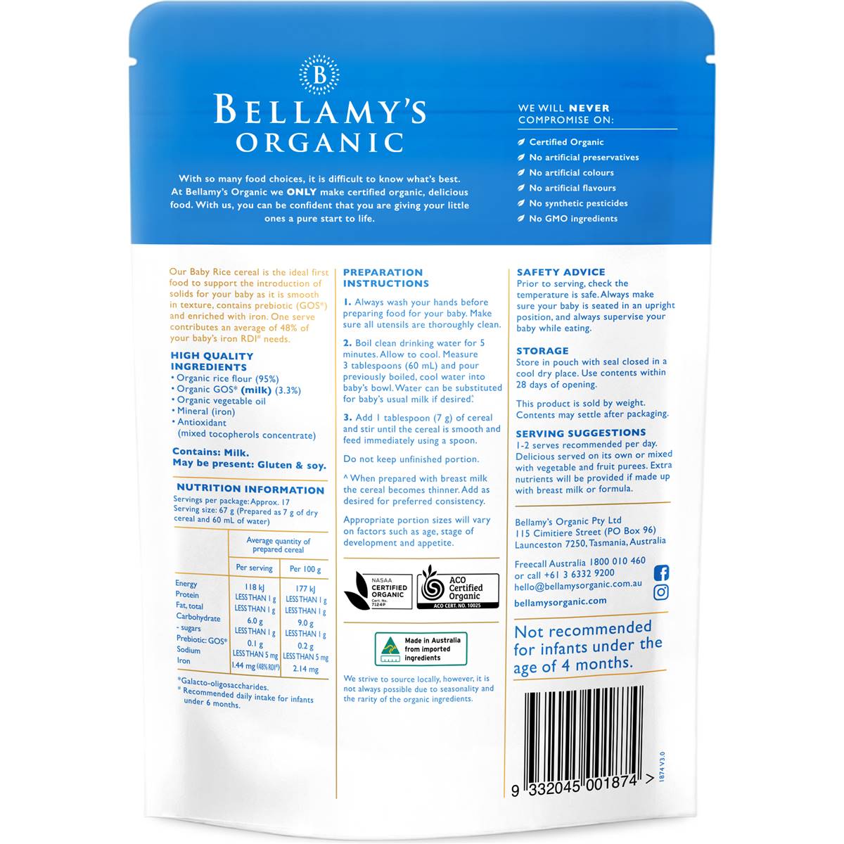 Bellamy's Organic Baby Rice With Prebiotic 4+ Months 125g | Woolworths