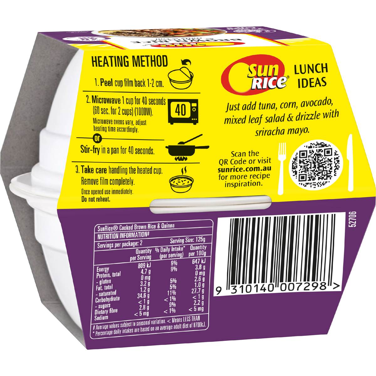 Sunrice Microwave Brown Rice & Quinoa Rice Cup 125g X 2 Pack | Woolworths