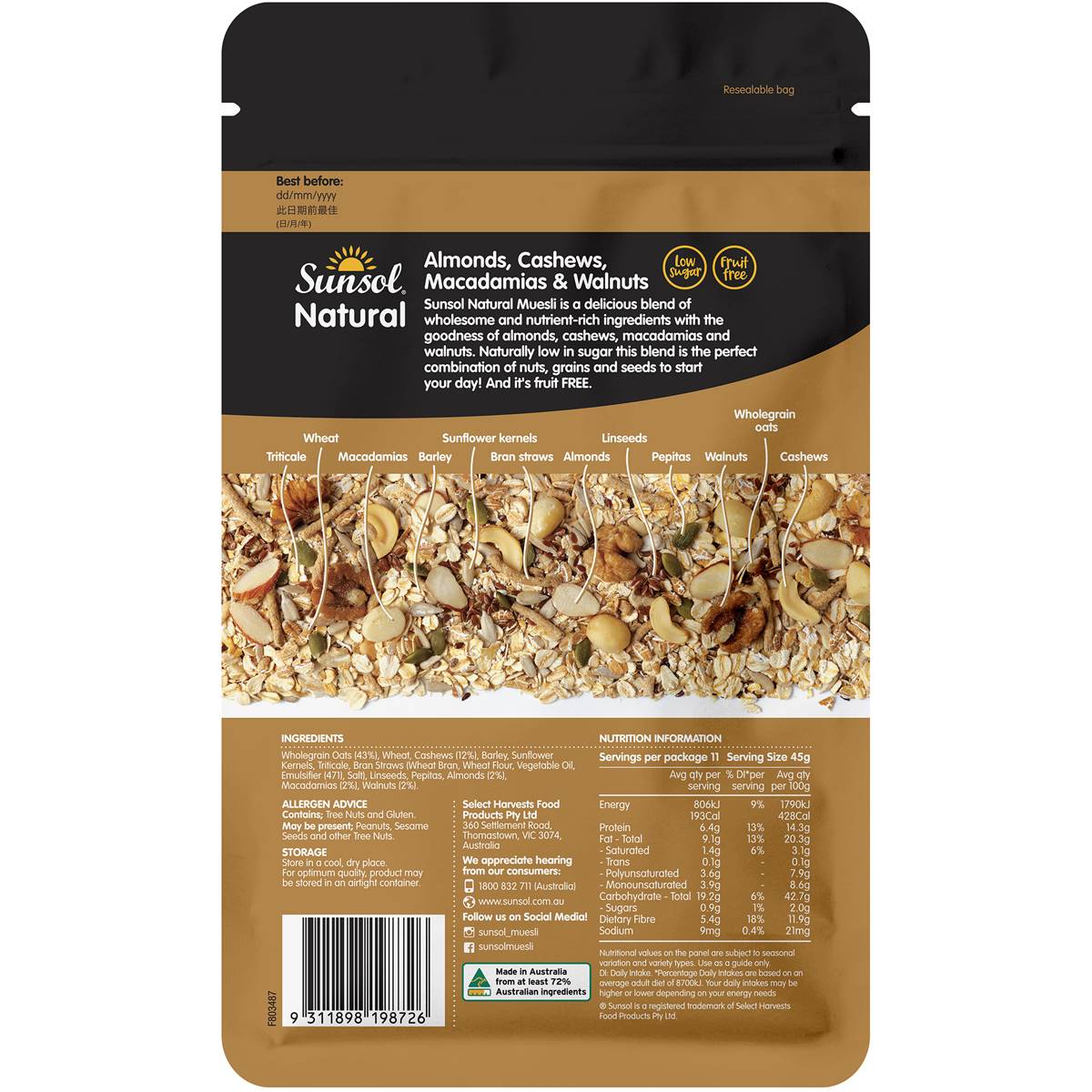 Sunsol Muesli Almond Cashew Macadamia Walnut 500g Woolworths