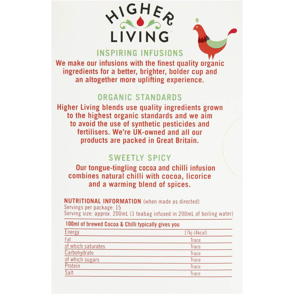 Higher Living Cocoa Chilli Tea 15 bags 30g | Woolworths