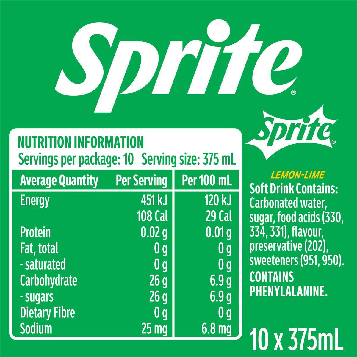 Sprite Lemonade Soft Drink Multipack Cans 375ml X10 Pack | Woolworths