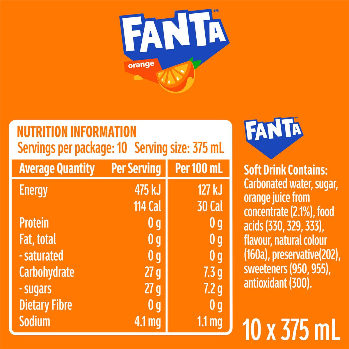 Fanta Orange Soft Drink Multipack Cans 375ml X10 Pack | Woolworths