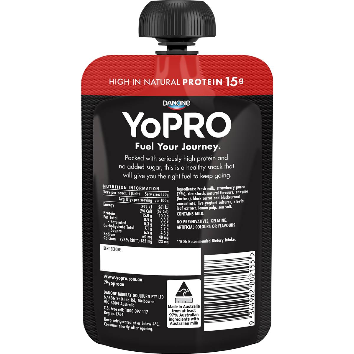 Yopro High Protein Yoghurt Pouch No Added Sugar Strawberry 150g ...