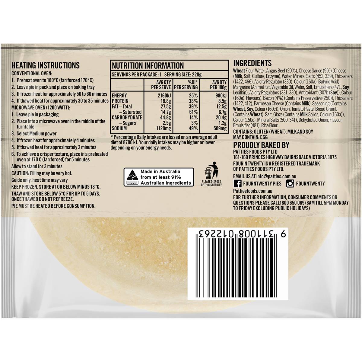 Four'n Twenty Angus Single Wrap Beef Cheese & Bacon Pie Frozen Meal ...