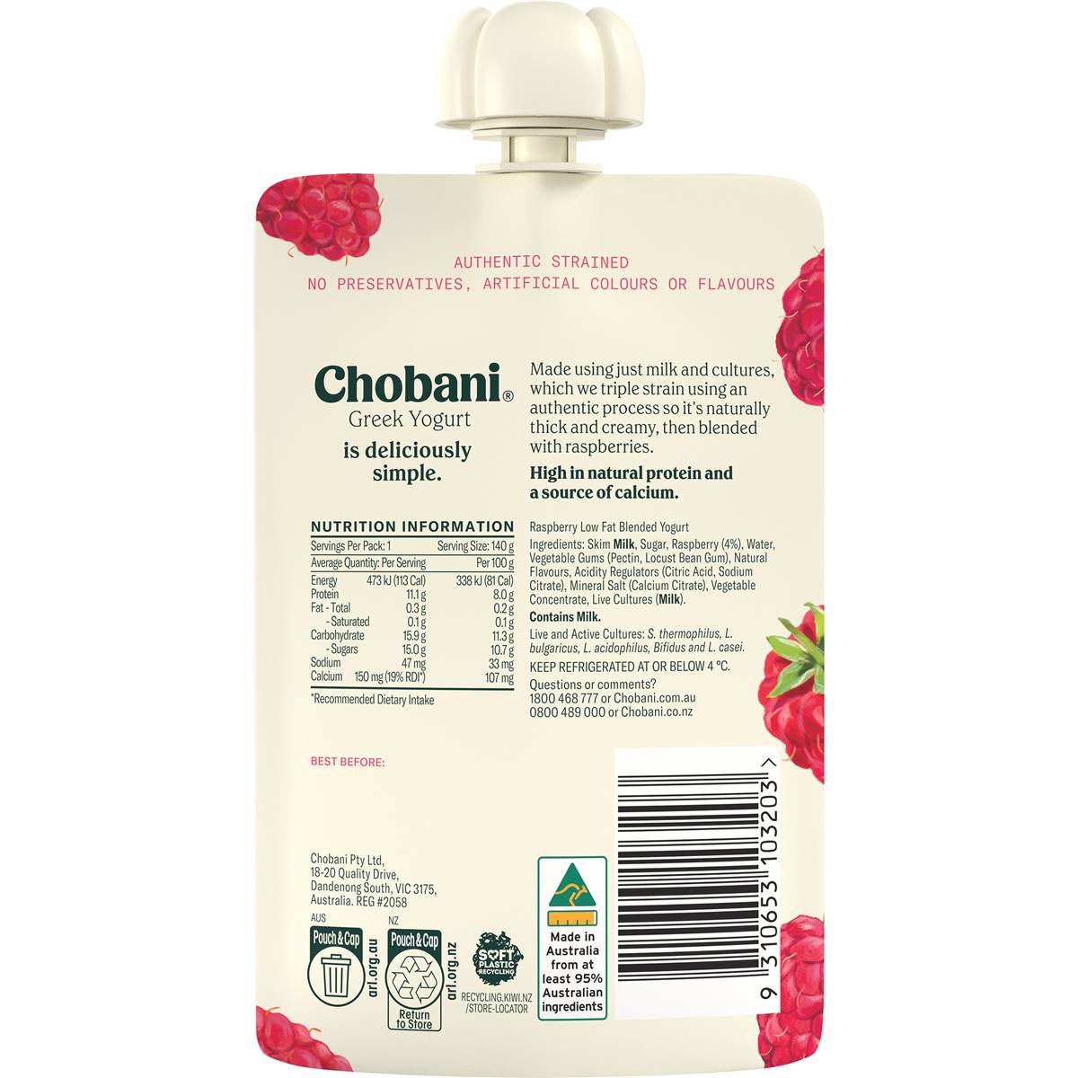 Chobani Raspberry Greek Yogurt Pouch 140g | Woolworths