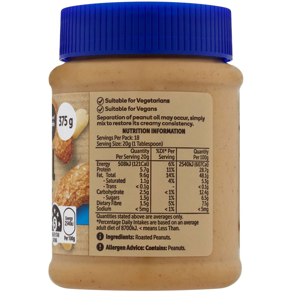 Woolworths Smooth Peanut Butter Natural 375g | Woolworths