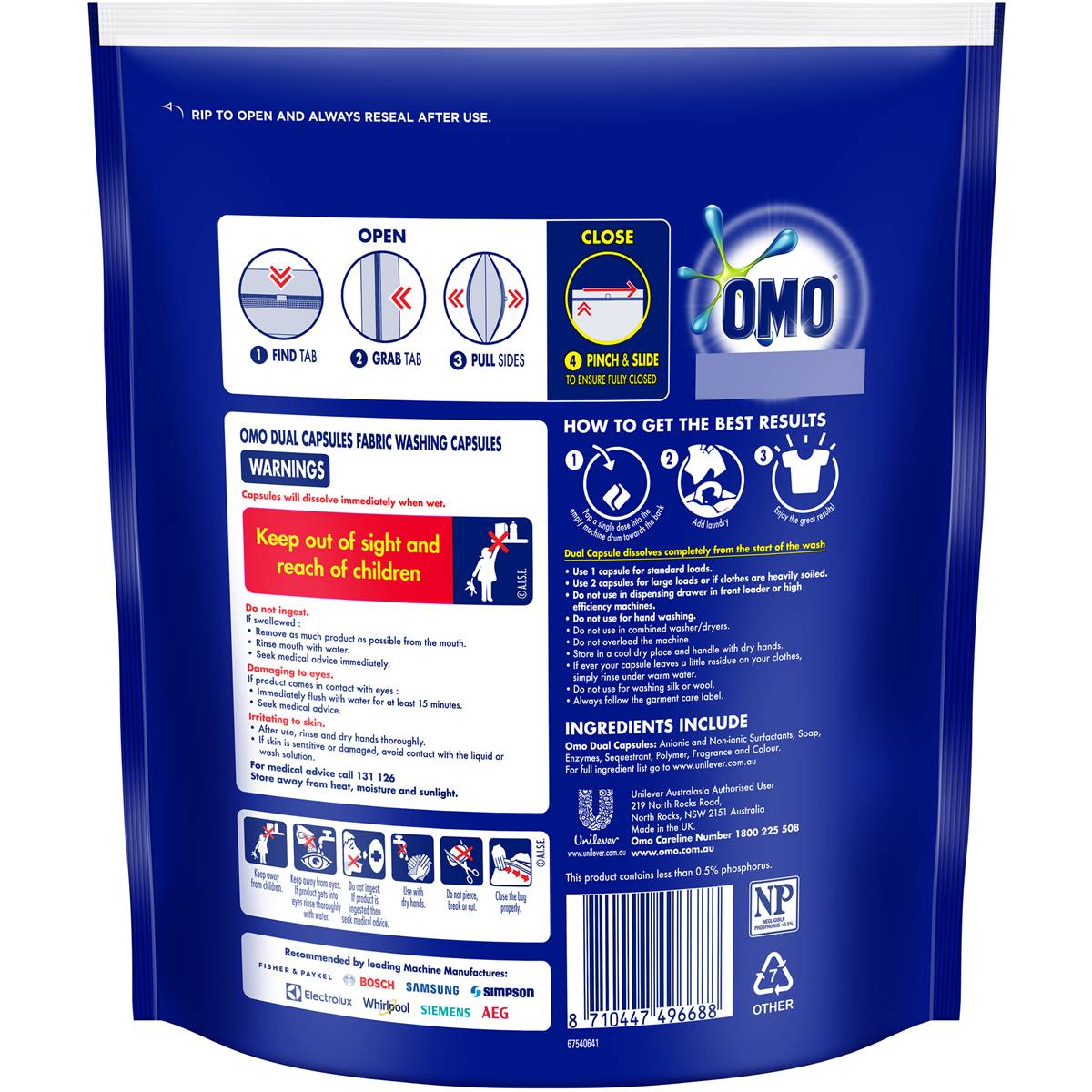 Omo Laundry Liquid Dual Capsules Active 18 Pack | Woolworths