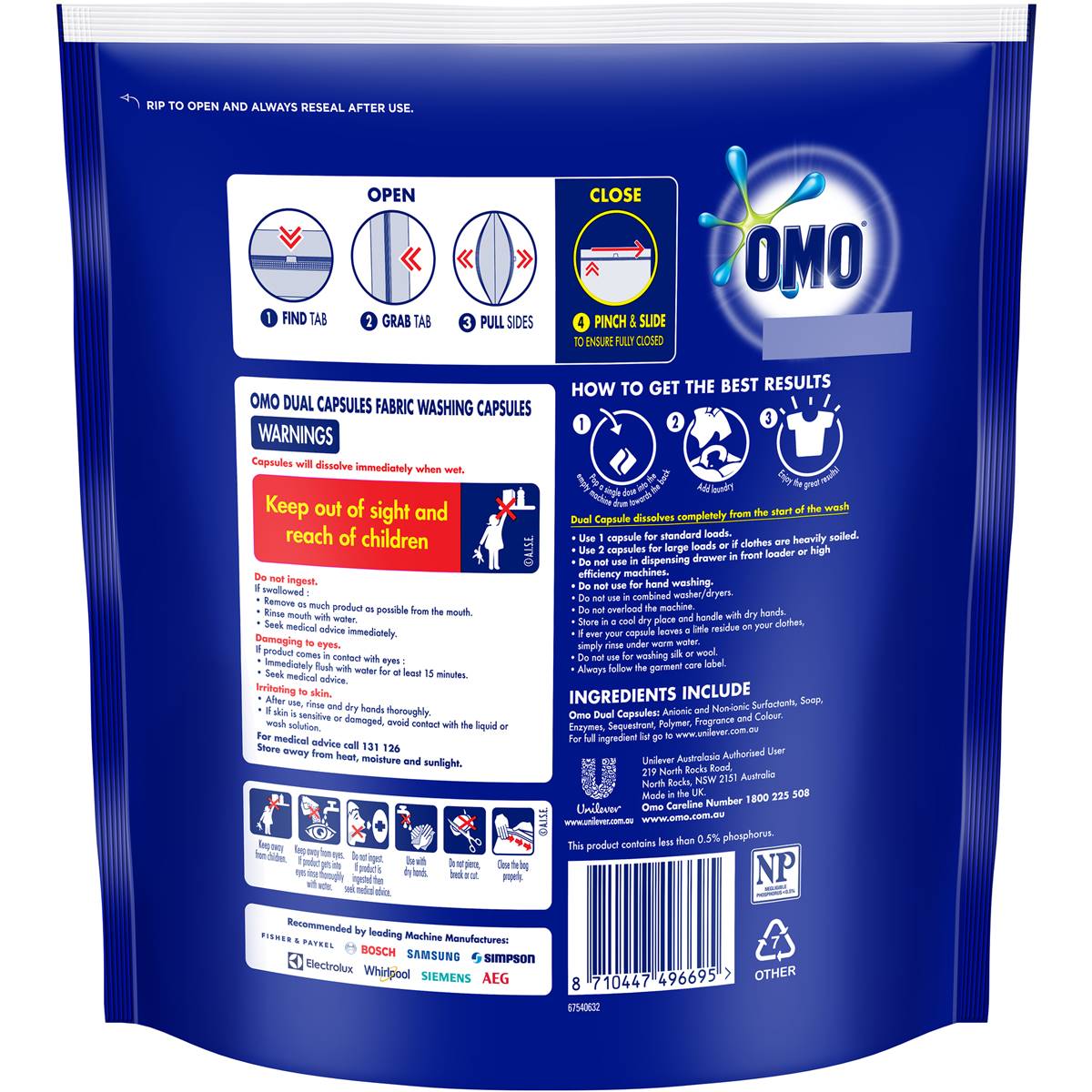 Omo Dual Capsules Active 30 Pack | Woolworths