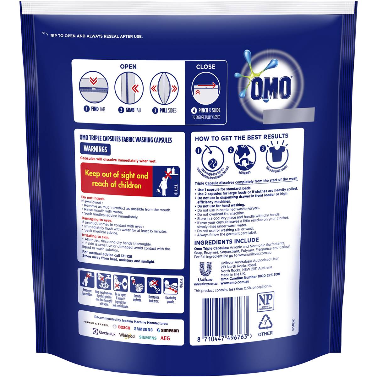 Omo Laundry Liquid Triple Capsules Active 30 Pack | Woolworths