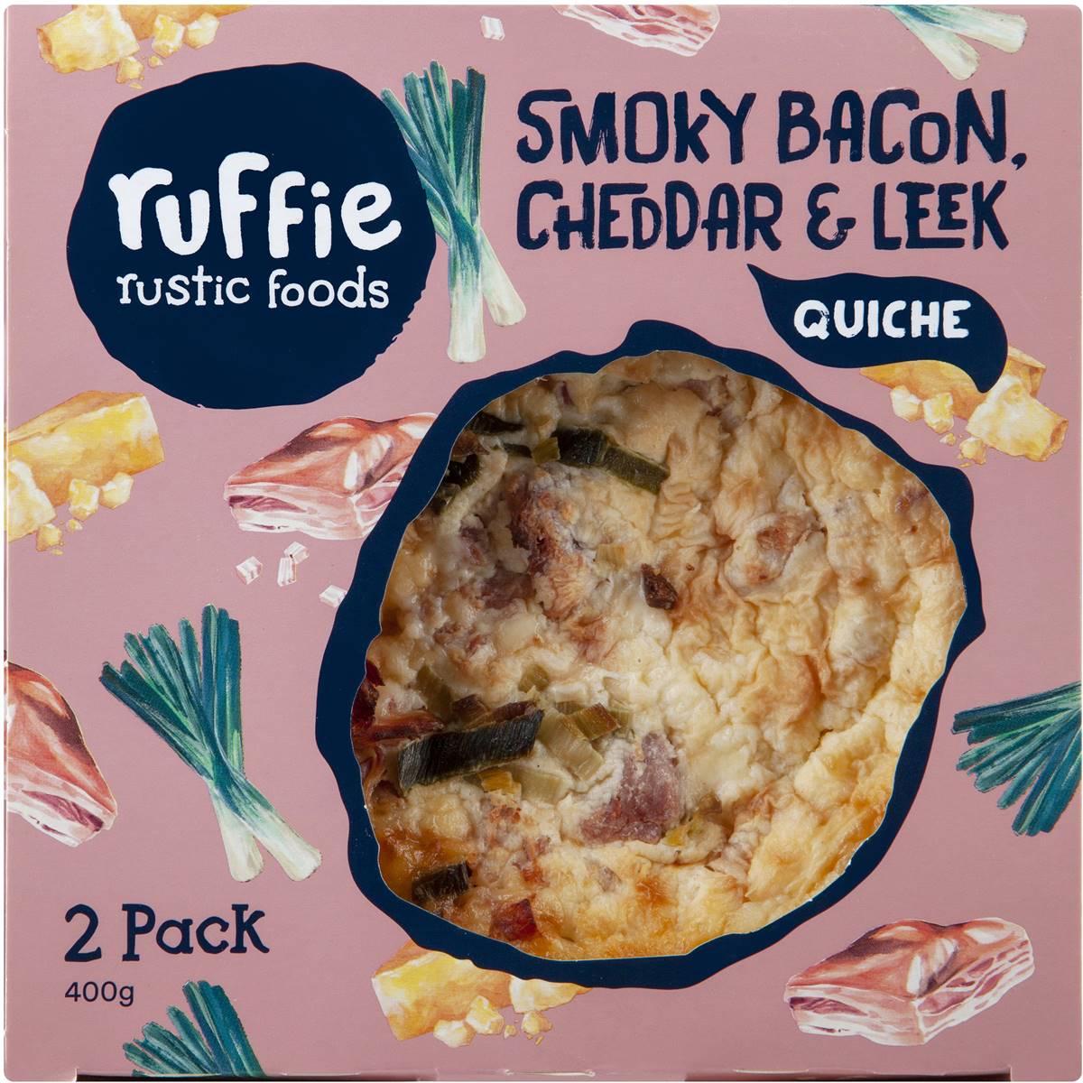 Ruffie Rustic Foods Smoky Bacon Leek & Cheddar Quiche 2 Pack | Woolworths