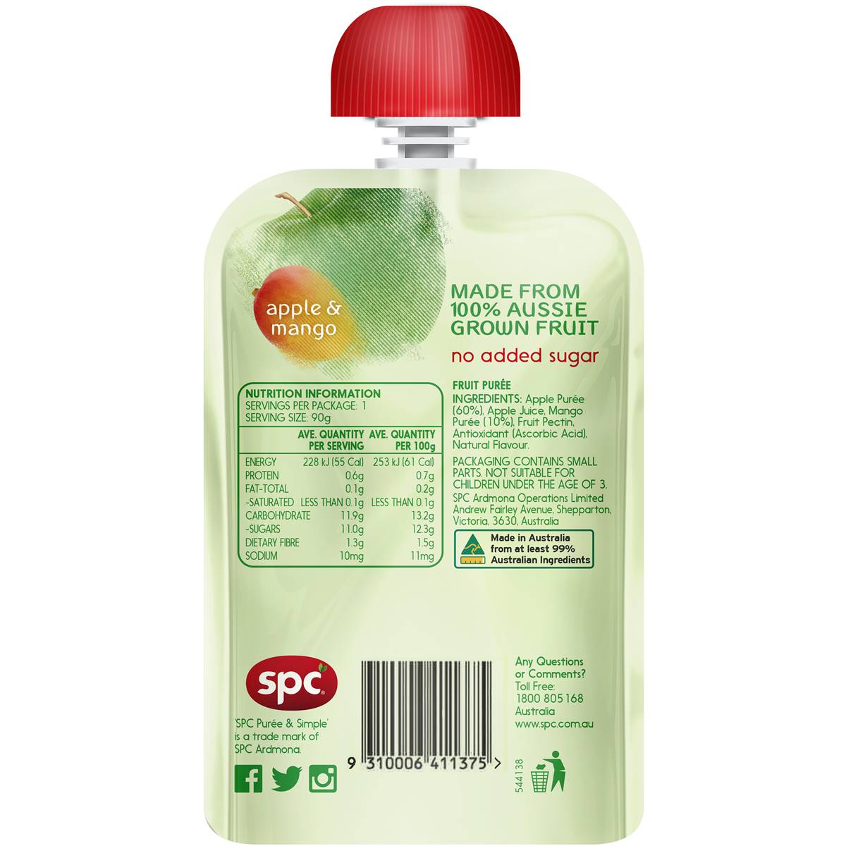Spc Puree & Simple Apple & Mango Fruit Puree Pouch 90g | Woolworths