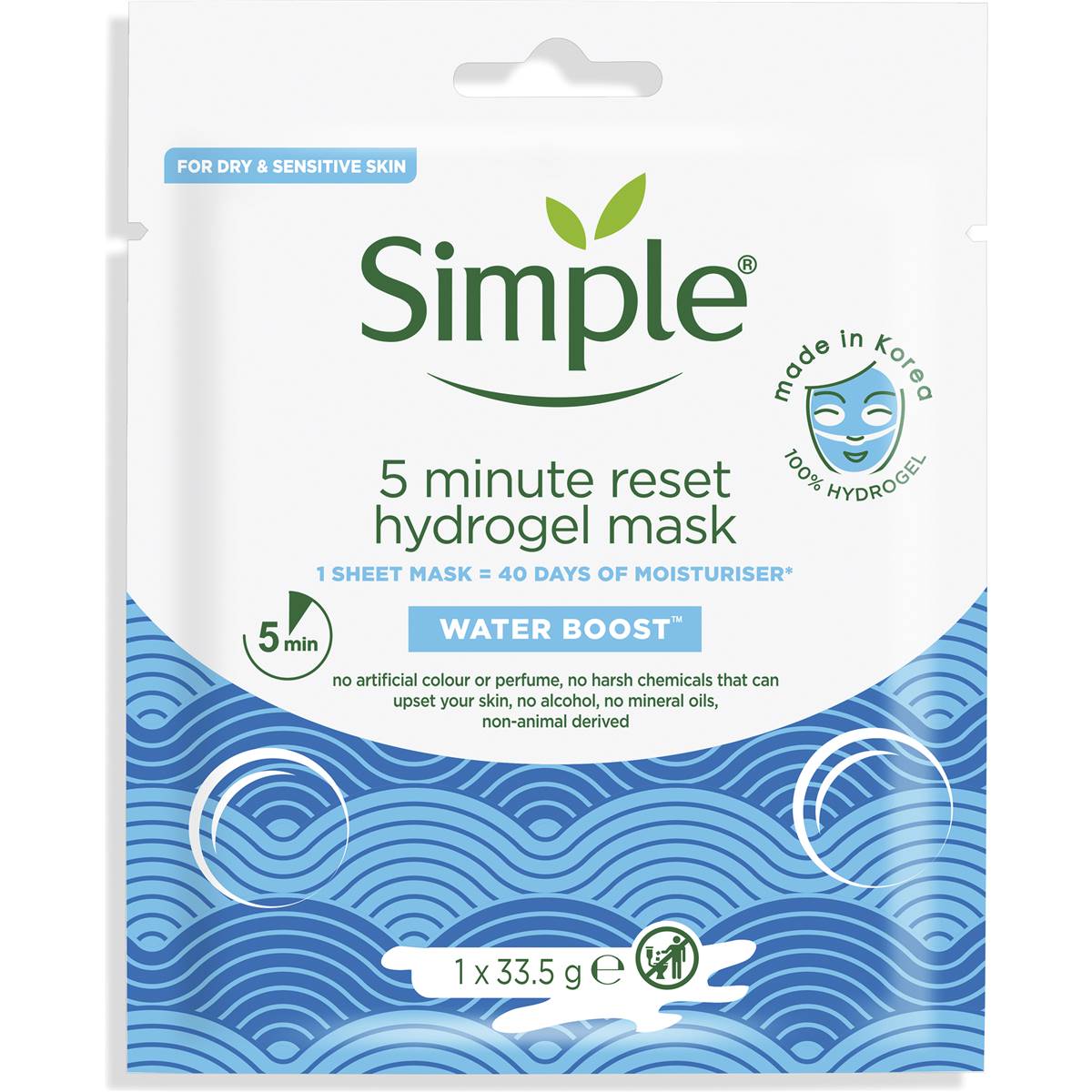 Simple Water Boost Sheet Mask 5 Minute Reset Hydrogel 33g | Woolworths